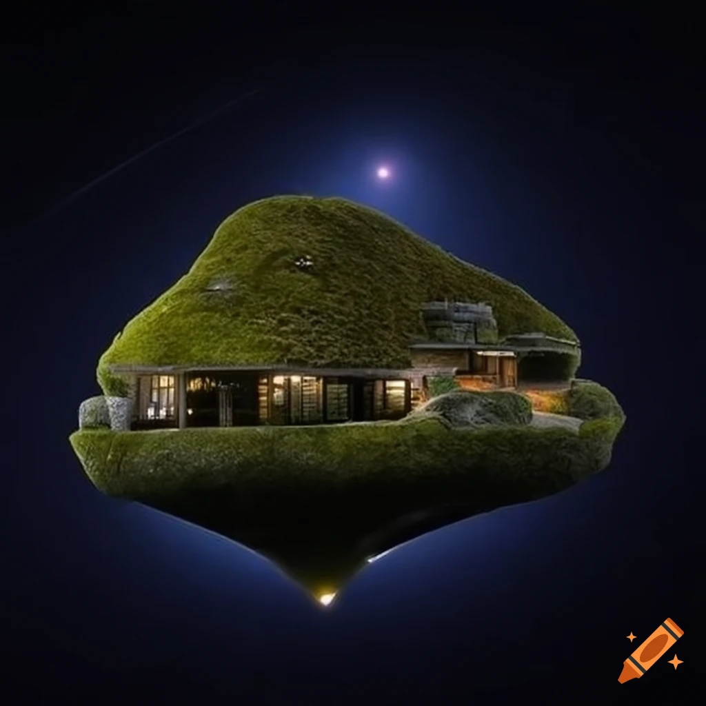 Moss-covered biomorphic stone buildings on a floating space island at ...