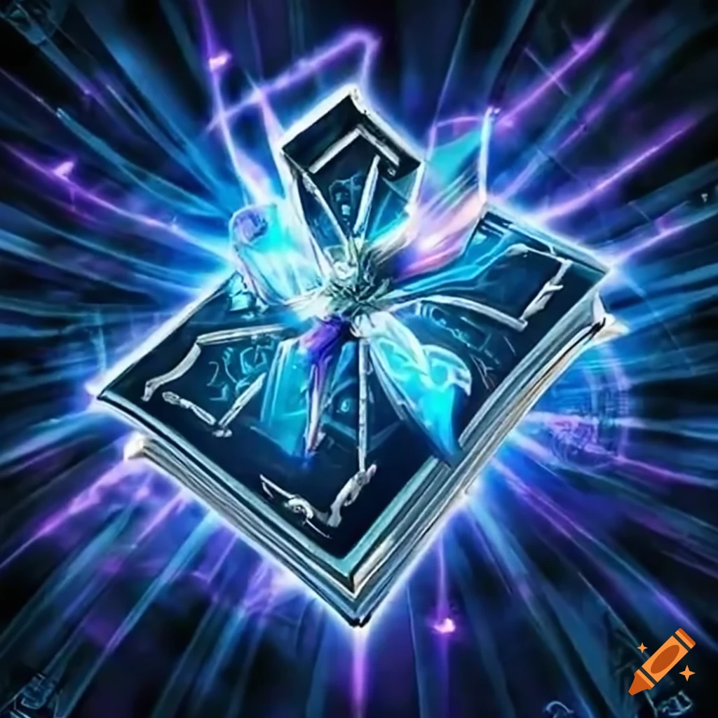 Blue magic book floating with mystic powers in yu-gi-oh art style on ...