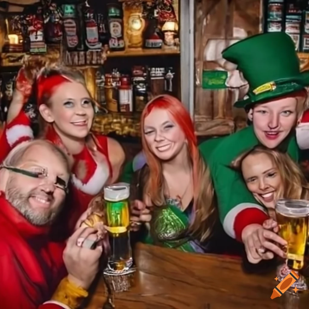 Santa-themed and leprechaun-themed pub-crawl on Craiyon