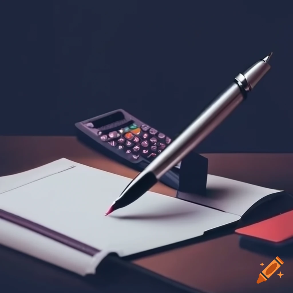 Dictionary and calculator with paper and pen on desk on Craiyon