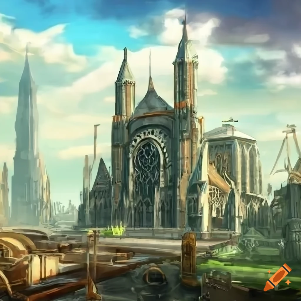 Steampunk cathedral exterior in city concept art on Craiyon