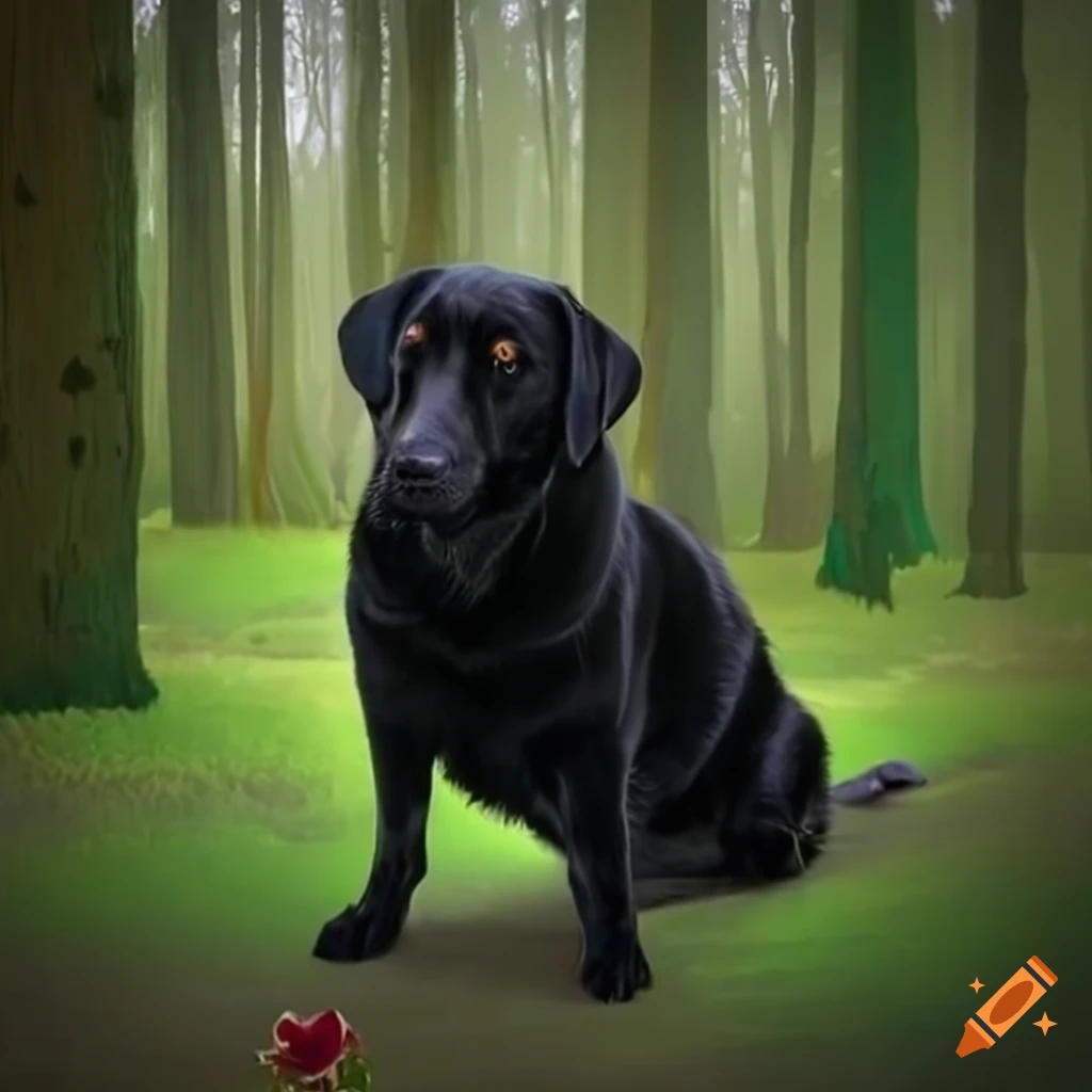 Captivating image of a black labrador retriever in a lush forest on Craiyon