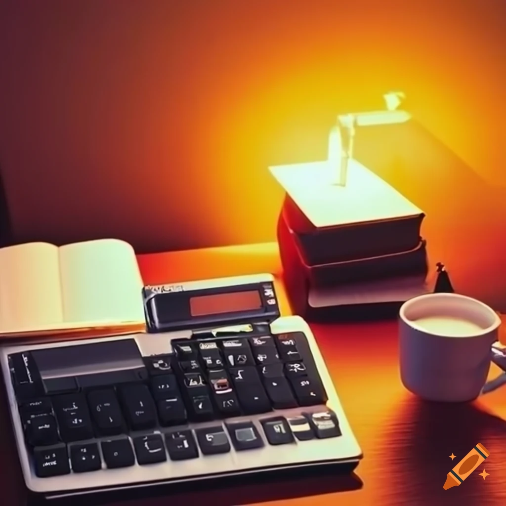 Desk setup with a book and a calculator on Craiyon