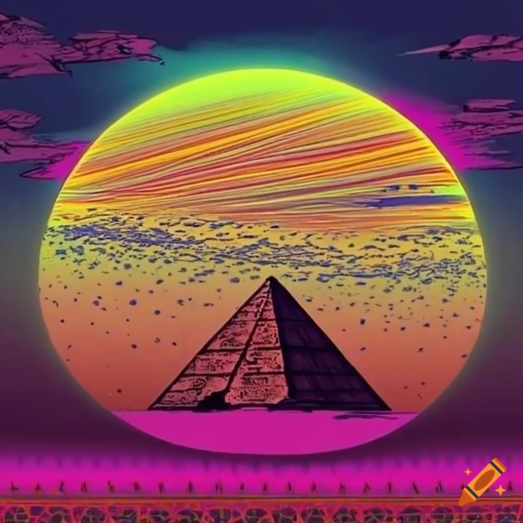 Acid psychedelic design of a labyrinth with ancient egyptian pyramids ...