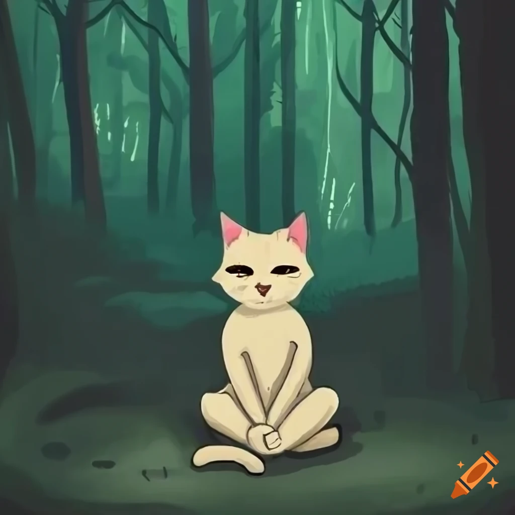 Depressed cartoon cat in a moody forest setting on Craiyon