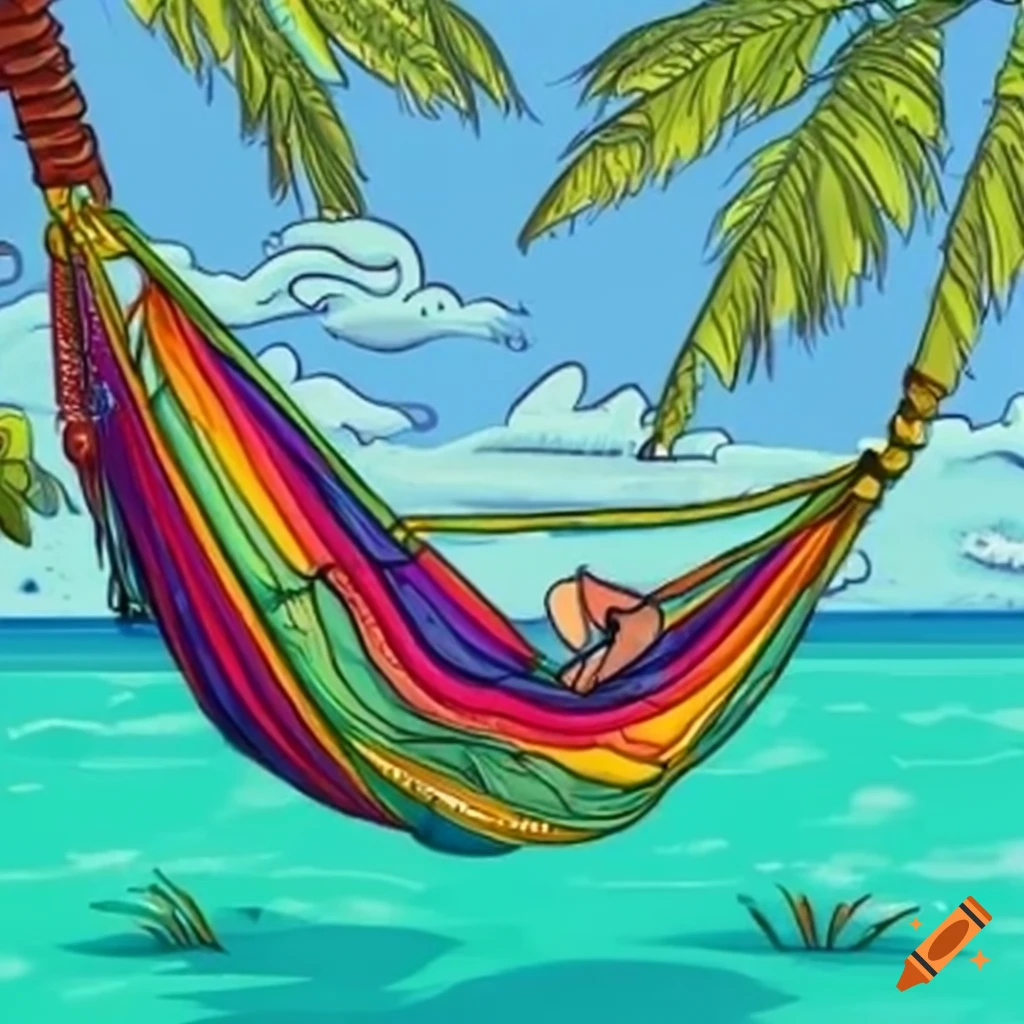 Psychedelic beach scene with palm tree and hammock in cartoon style on ...