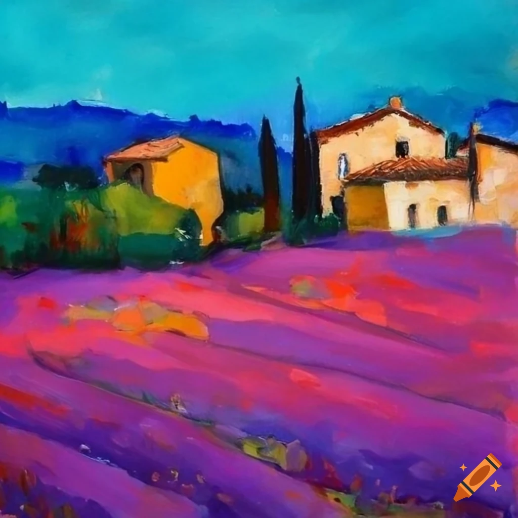 Provence landscape with lavender fields and a French country house in a ...