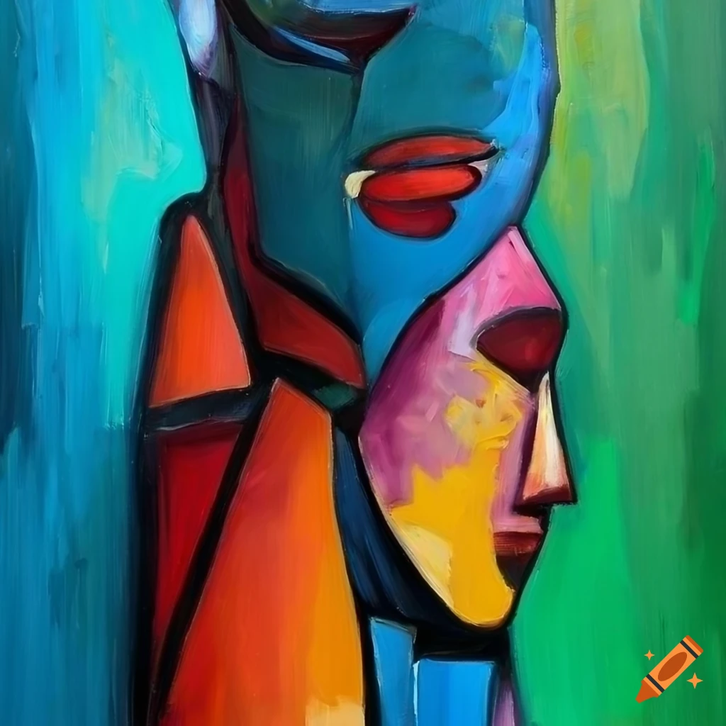 Abstract cubist and impressionist oil painting of a man's torso with ...