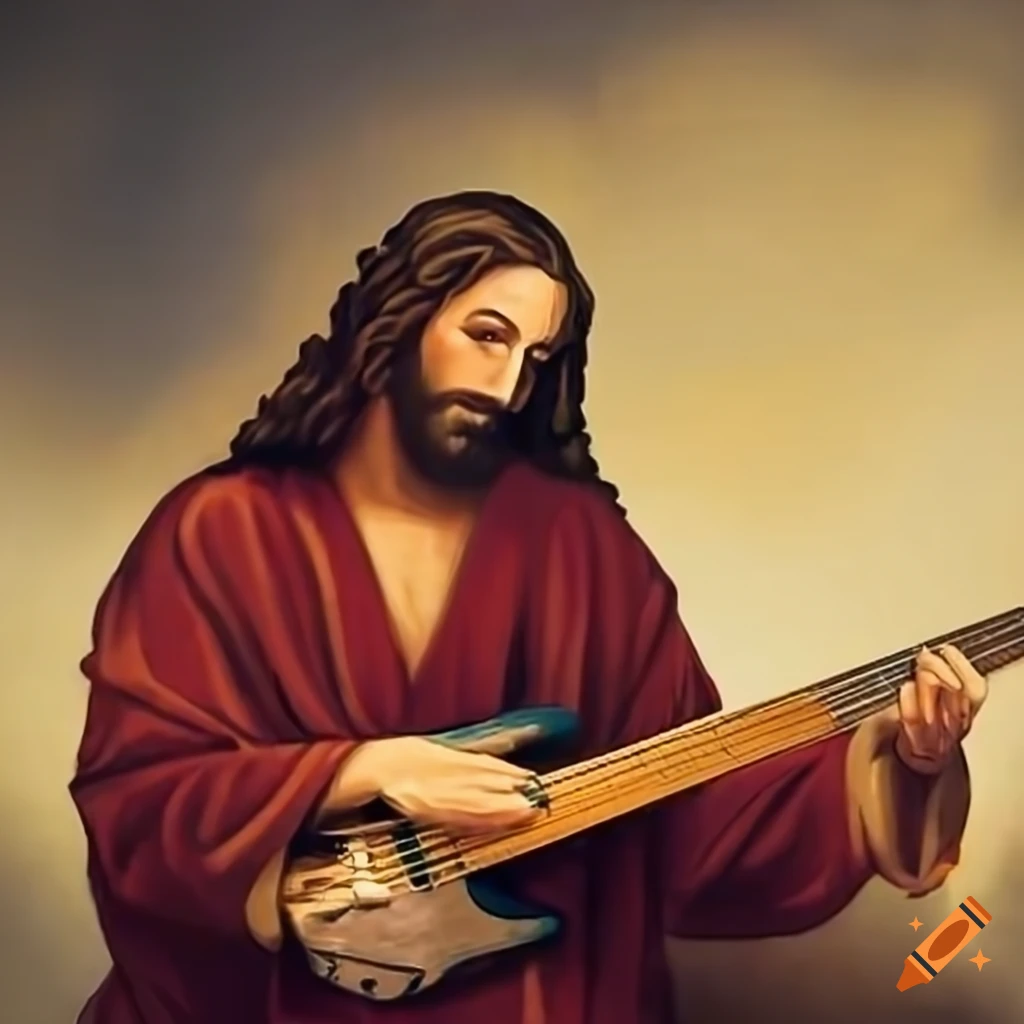 Religious figure playing a bass guitar on Craiyon