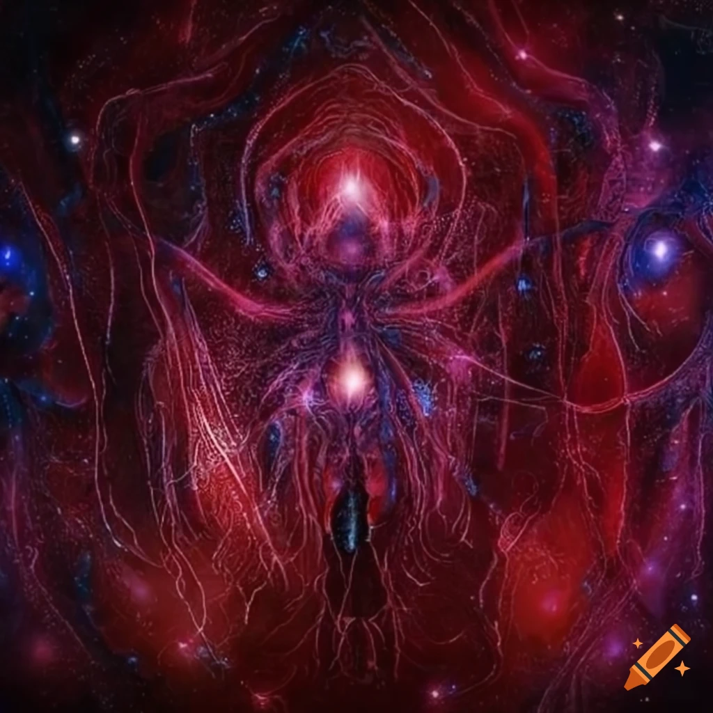 Surreal cosmic spiders known as the Voidweavers with crimson bodies ...