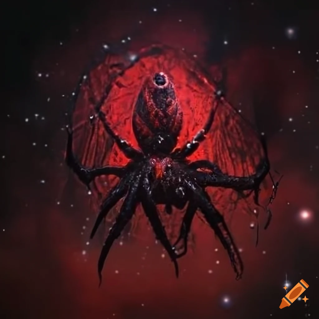 Intricately detailed red spider, the Crimson Voidweaver, weaving its ...