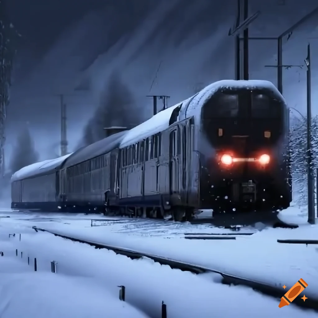 Train in snowy weather in a realistic setting on Craiyon
