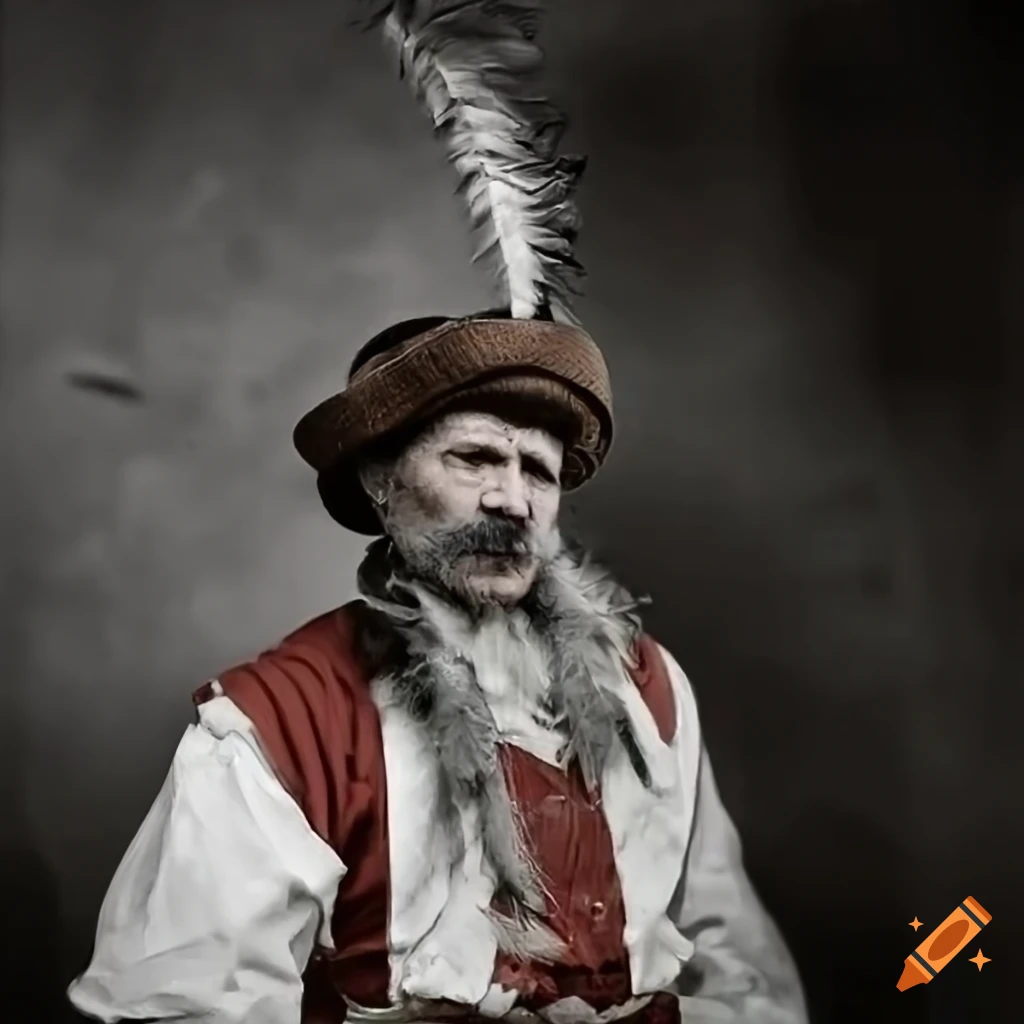 Medieval merchant man with feathered hat and mustache on Craiyon