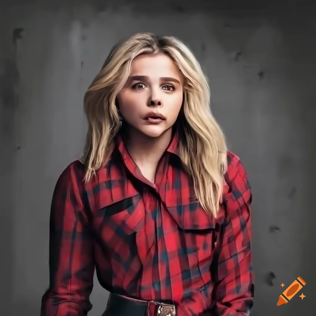 Blonde actress in red plaid shirt and high waist black leather trousers peeking through derelict ...