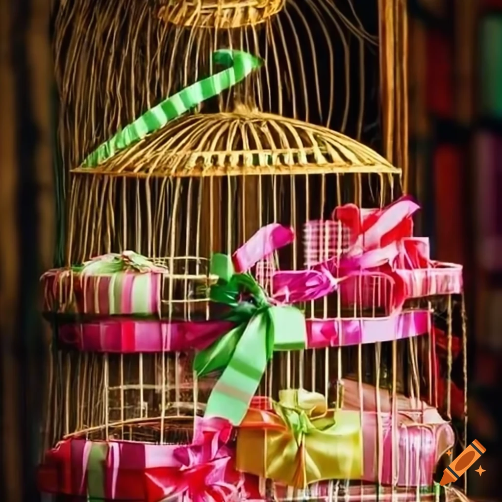 Colorful wrapped gifts and ribbons overflowing from a rustic birdcage ...