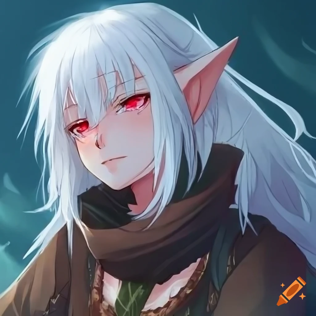 Elf peasant woman with white hair and crimson eyes in anime style on ...