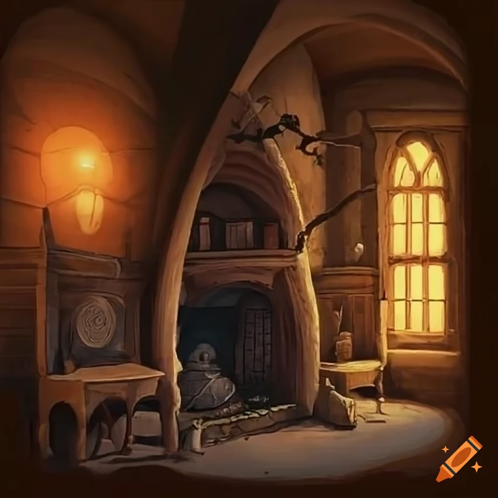 Interior of a witch's tower with stone walls and books on Craiyon