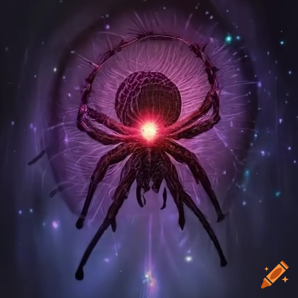 Ancient surreal spiders known as the Voidweavers with glowing eyes and ...