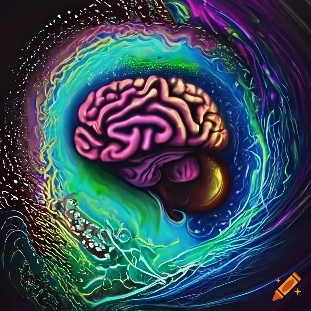 Brain sending waves in space psychedelic artwork on Craiyon