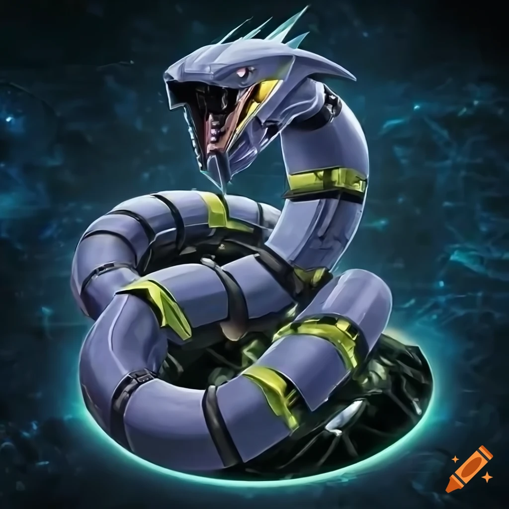 Cyber steel robot serpent snake with glowing yellow eyes in Yu-Gi-Oh ...