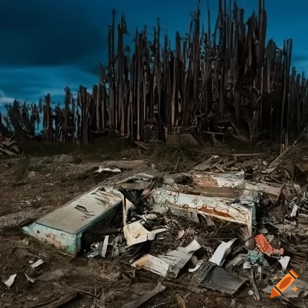 Destroyed altar in a post-apocalyptic junk garbage pile under soft ...