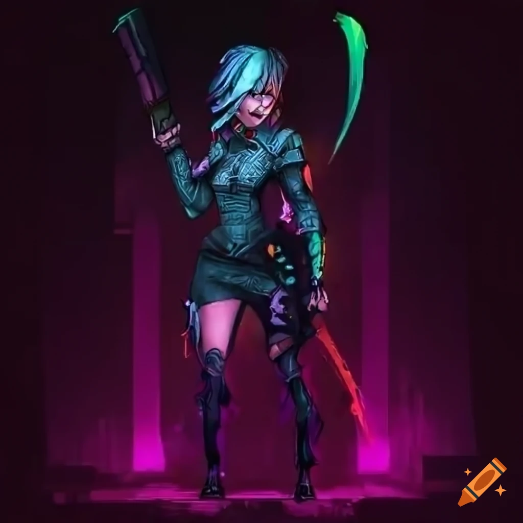 Cyberpunk female 2d sprite with laser swords on Craiyon