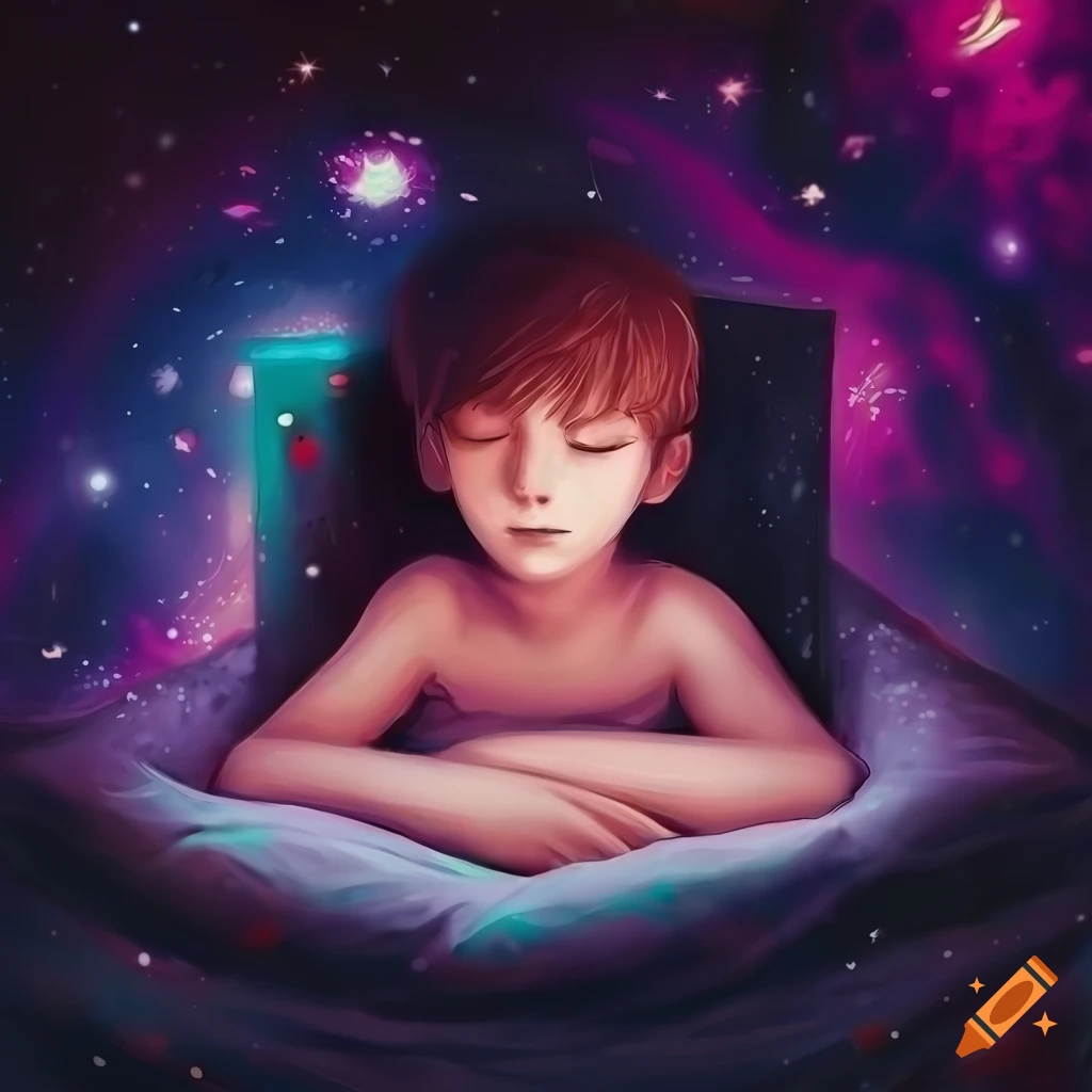 Boy sleeping in space in a psychedelic digital artwork on Craiyon