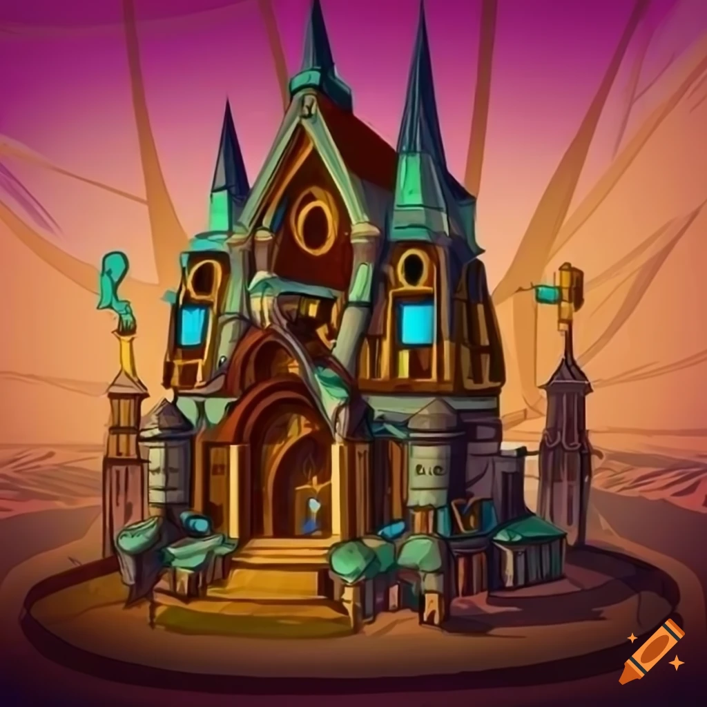 Steampunk church with bright colors in a cartoon style on Craiyon