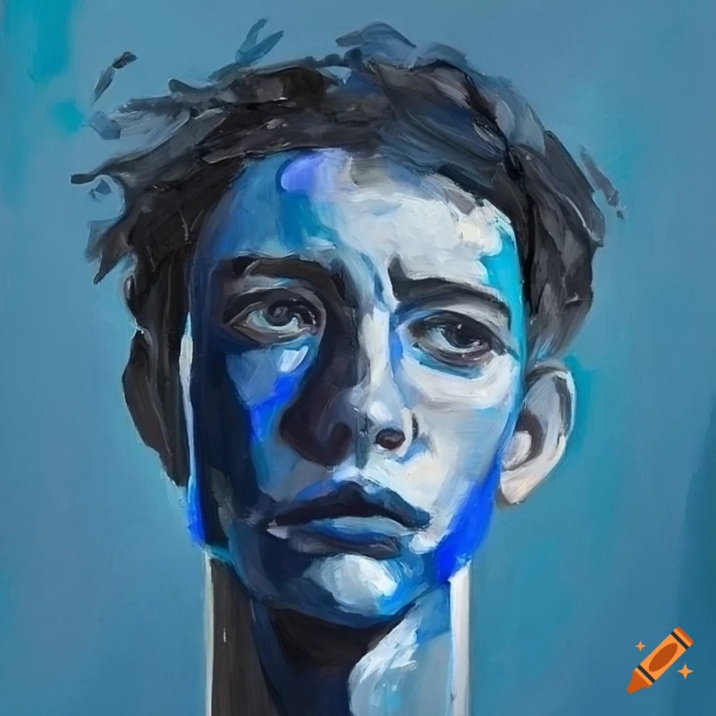 Portrait painting of a masculine person in blue monochrome looking ...