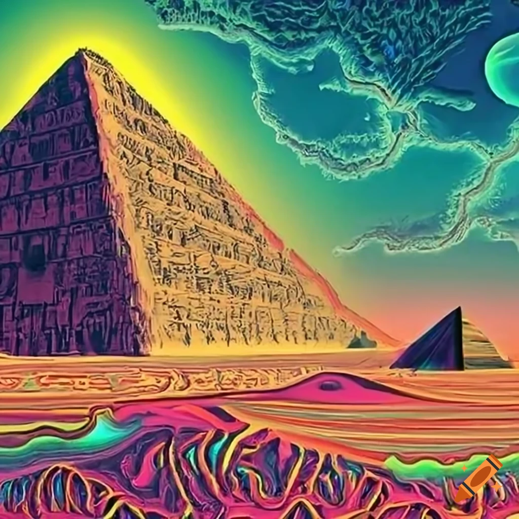 Acid psychedelic labyrinth with ancient egyptian landscape background ...