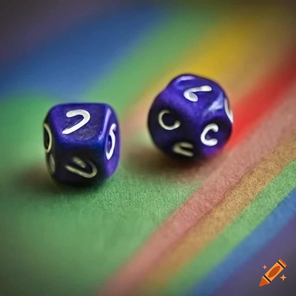 Multiple dice on rainbow-colored felt table on Craiyon