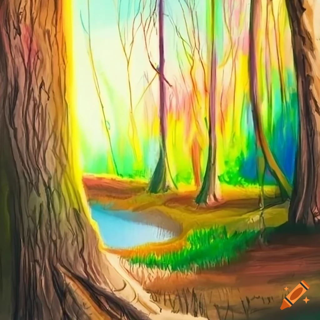 Forest landscape drawn with dry crayons on Craiyon