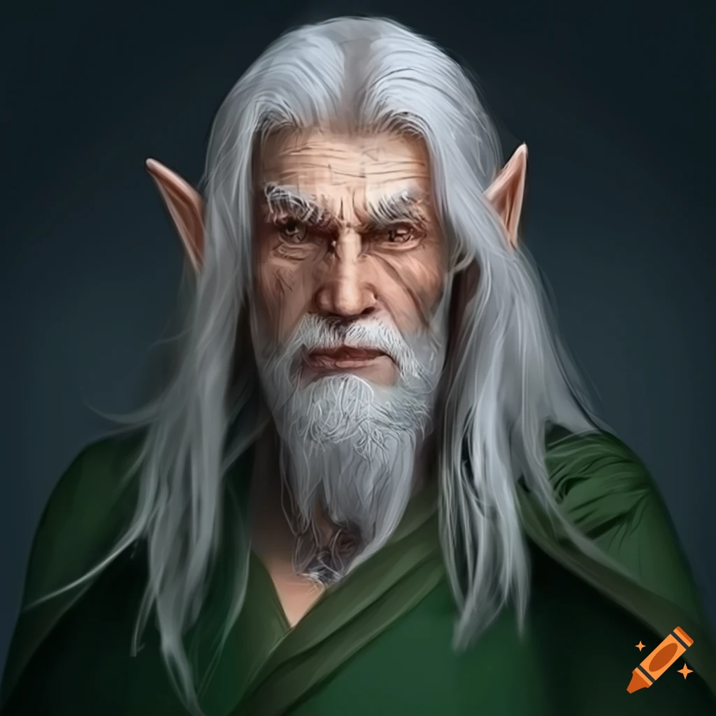 60-year-old male elf with long gray hair in dark green robe on Craiyon