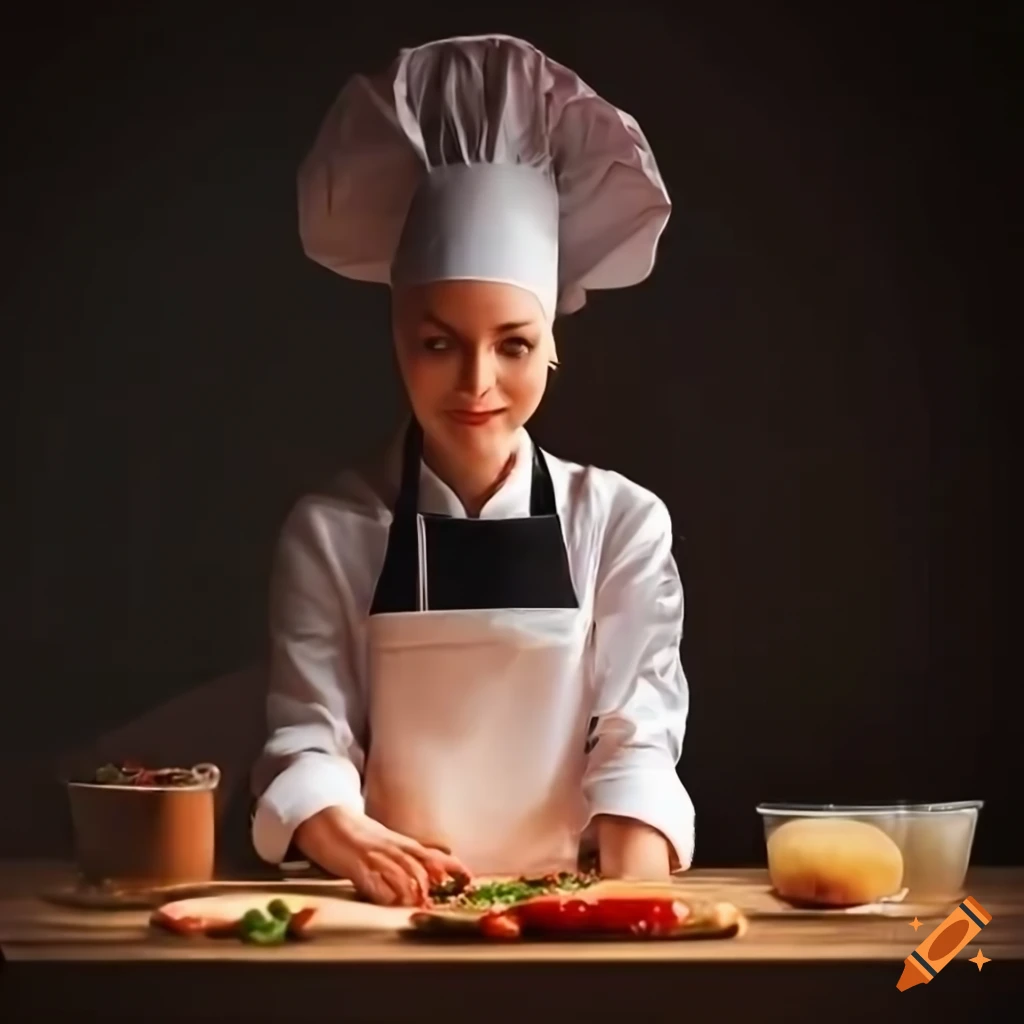 Female chef cooking gourmet meals in warm kitchen light on Craiyon