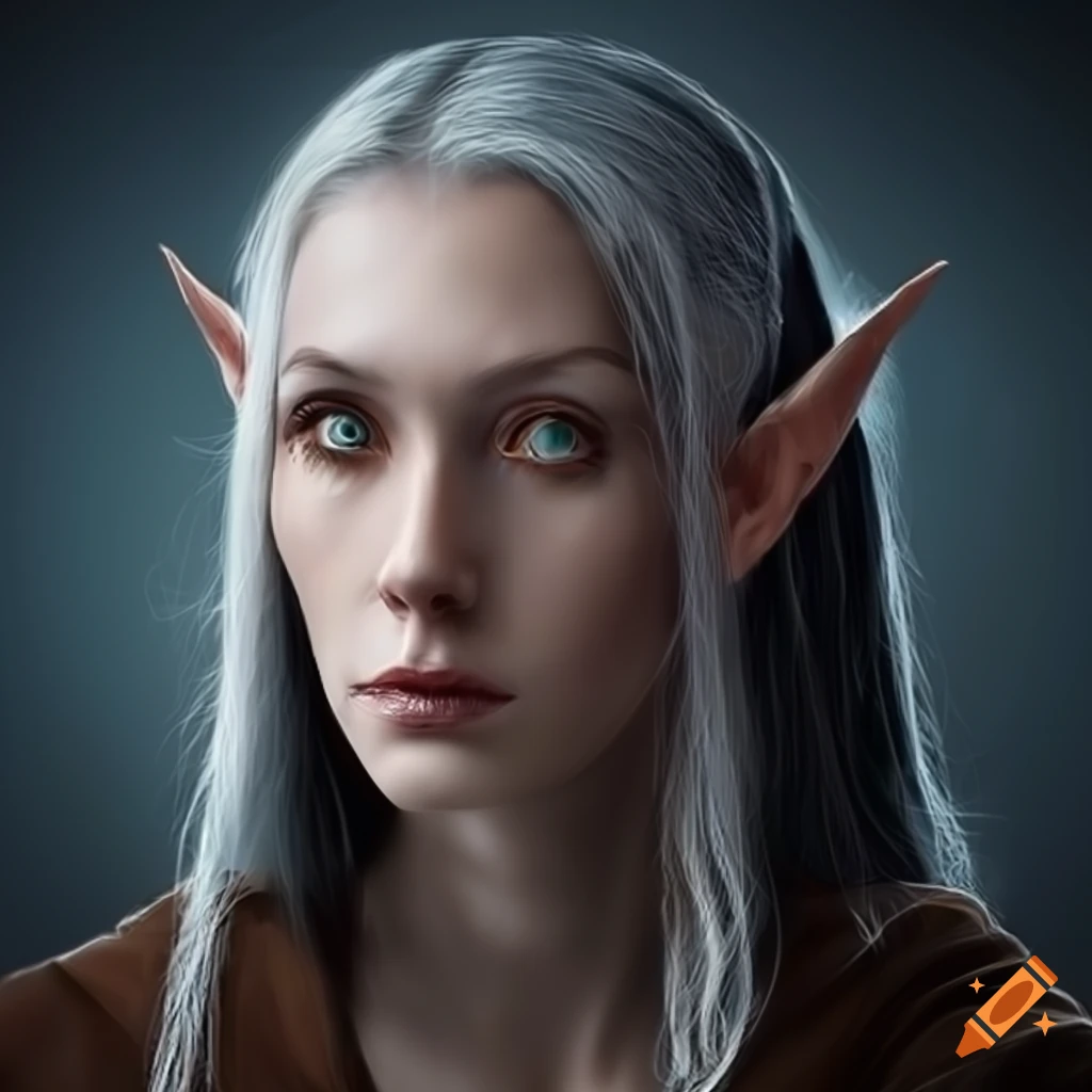 Female elf with long gray hair in a brown robe on Craiyon
