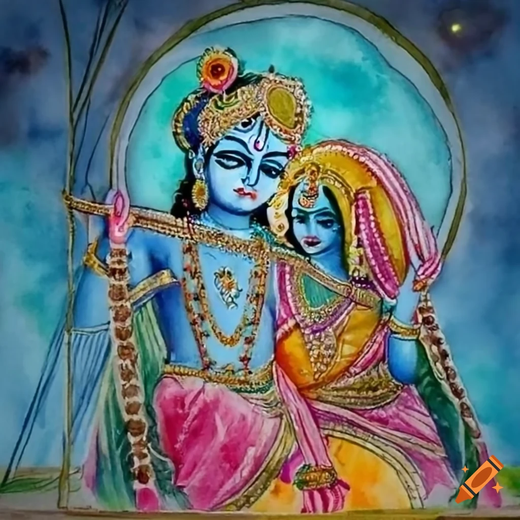 Lord Krishna and Radha on swing under the full moon night light on Craiyon