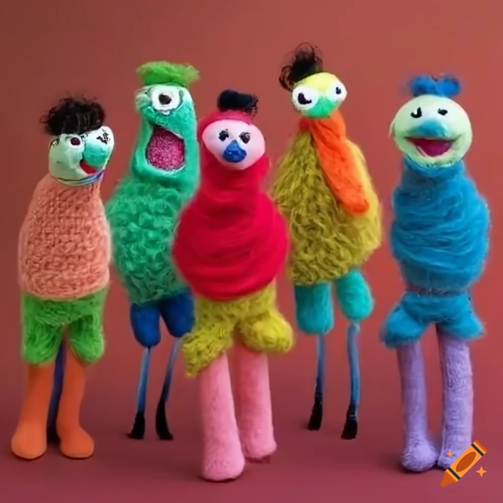 Colorful wooly puppets brainstorming at a vibrant round table on Craiyon