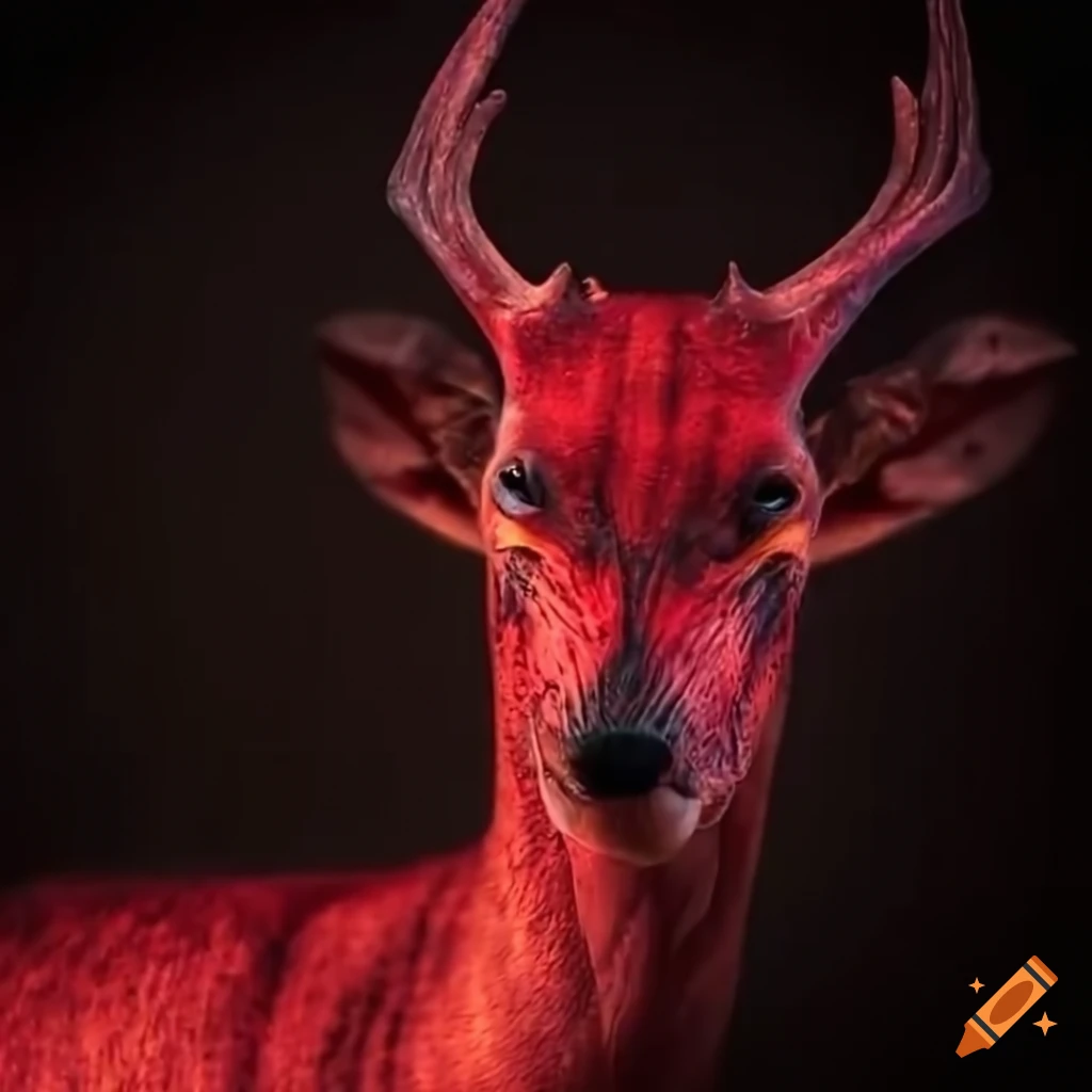 Mystical creature with dark red skin, large scary eye, antlers, and 4 ...