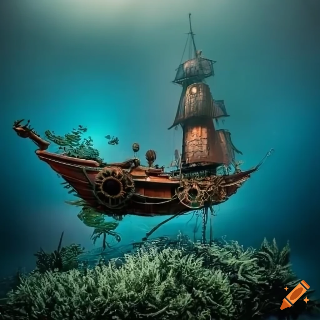 Steampunk sailing boat with plants and machinery, houses on deck on Craiyon