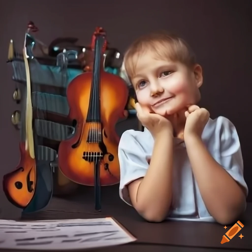 Happy child surrounded by musical instruments and music sheets on Craiyon