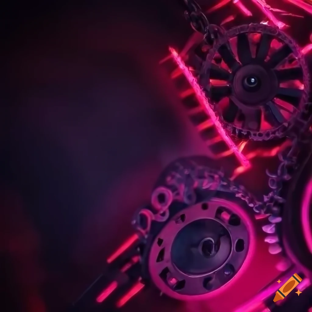 Engineering mechanical gears and chains with neon lights and fiery sparks on a dark background ...