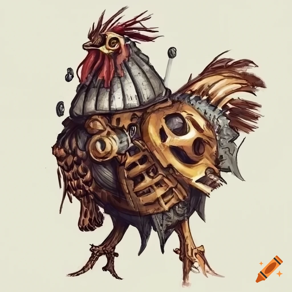 Sketch of obsidian clockwork mechanical rooster on Craiyon