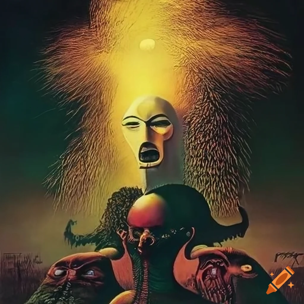 Color serigraph of native Salish motifs and fantasy creatures outlined ...