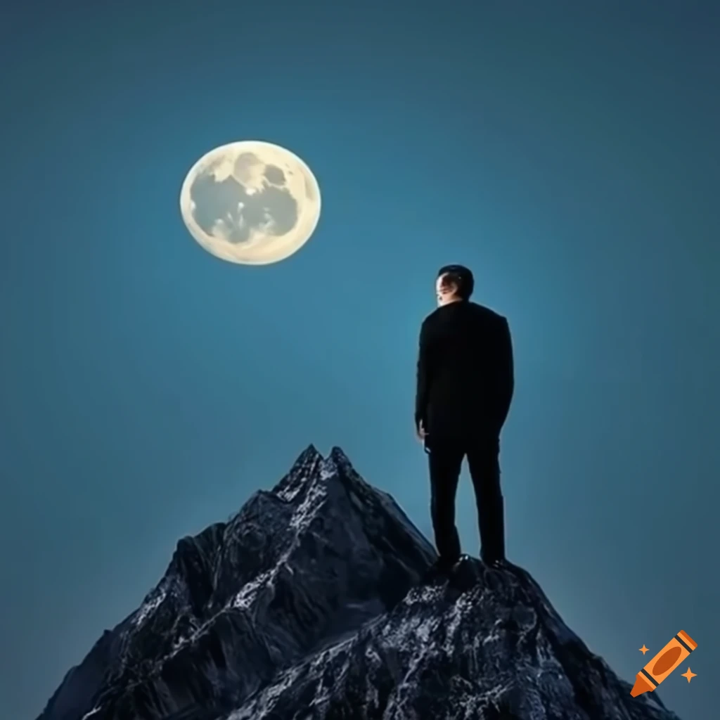 Elon musk standing on a mountain looking at the moon on Craiyon