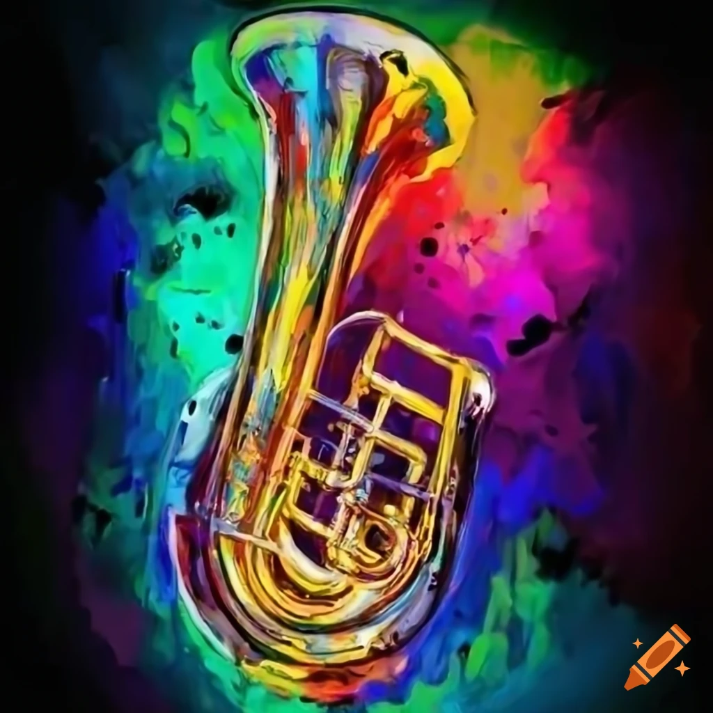 Colorful abstract painting of a tuba with a human face and musical ...
