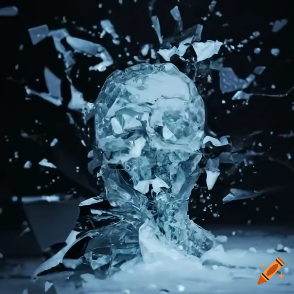 Transparent screaming head glass figure shattered in snowfall blizzard ...