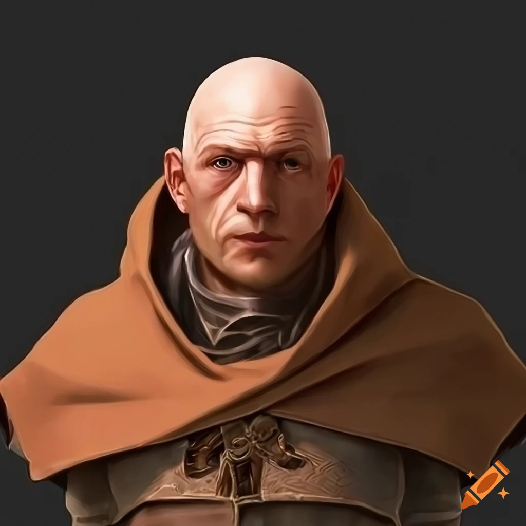 Character art of a bald, stocky male monk with medieval Renaissance ...