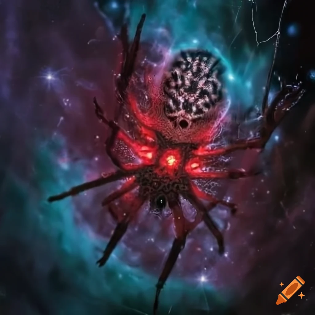 Intricately detailed crimson spider weaving its web against a dark ...