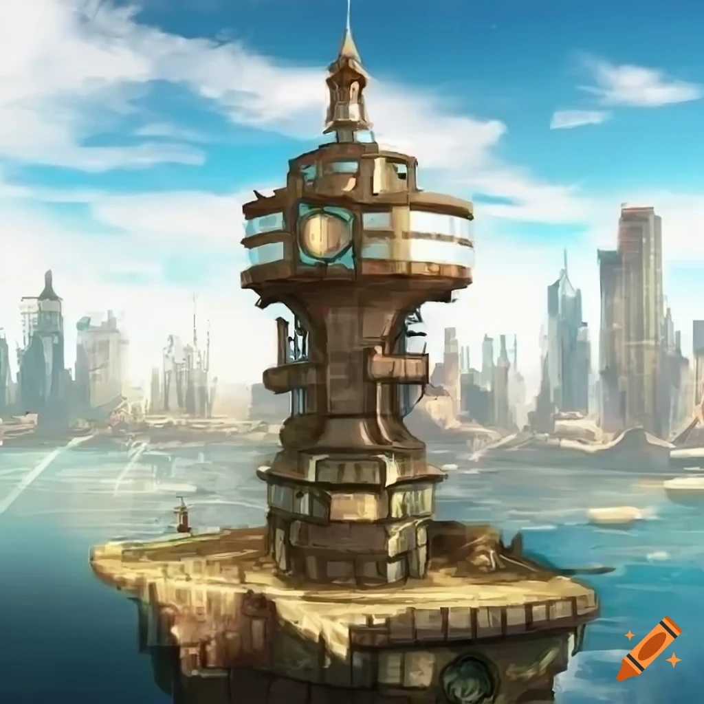 Steampunk tower exterior in a city concept art on Craiyon