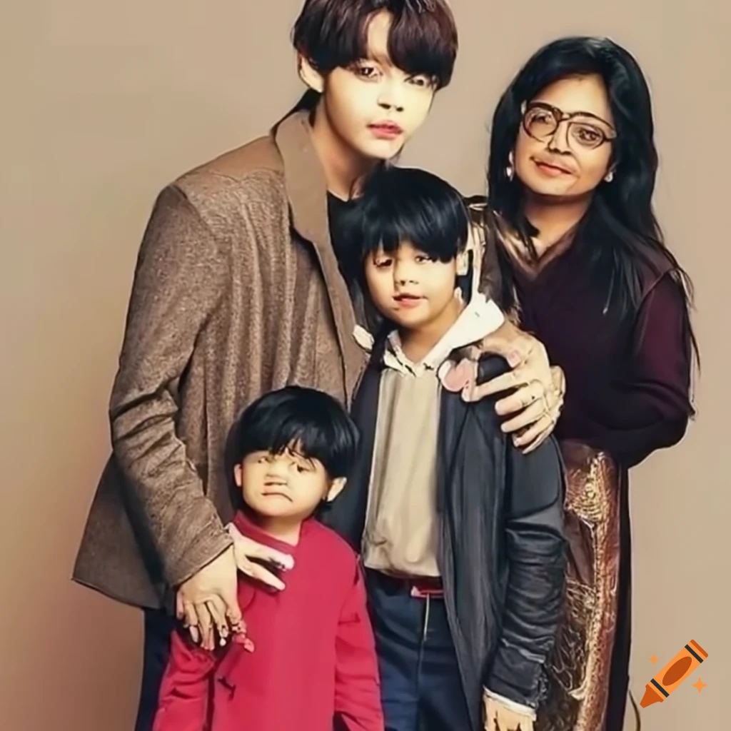 BTS member V with his son and wife from India standing together on Craiyon